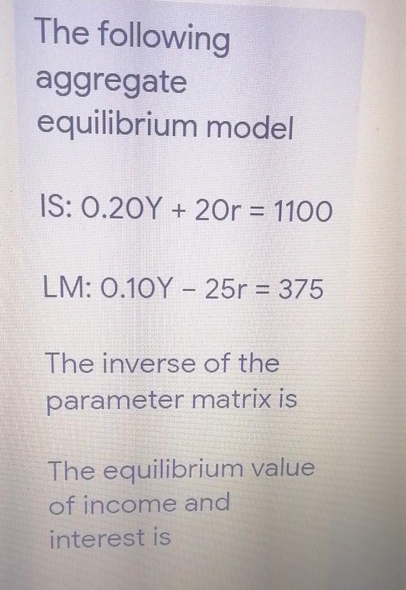 Solved The following aggregate equilibrium model IS: 0.20Y + | Chegg.com