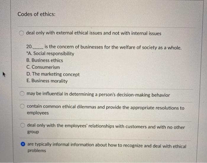 Solved Codes of ethics: deal only with external ethical | Chegg.com