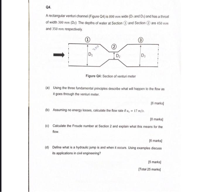 Solved A rectangular venturi channel (Figure Q4) is 800 mm | Chegg.com