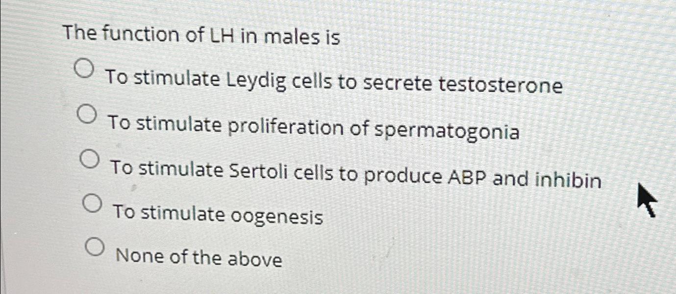 Solved The function of LH ﻿in males isTo stimulate Leydig | Chegg.com