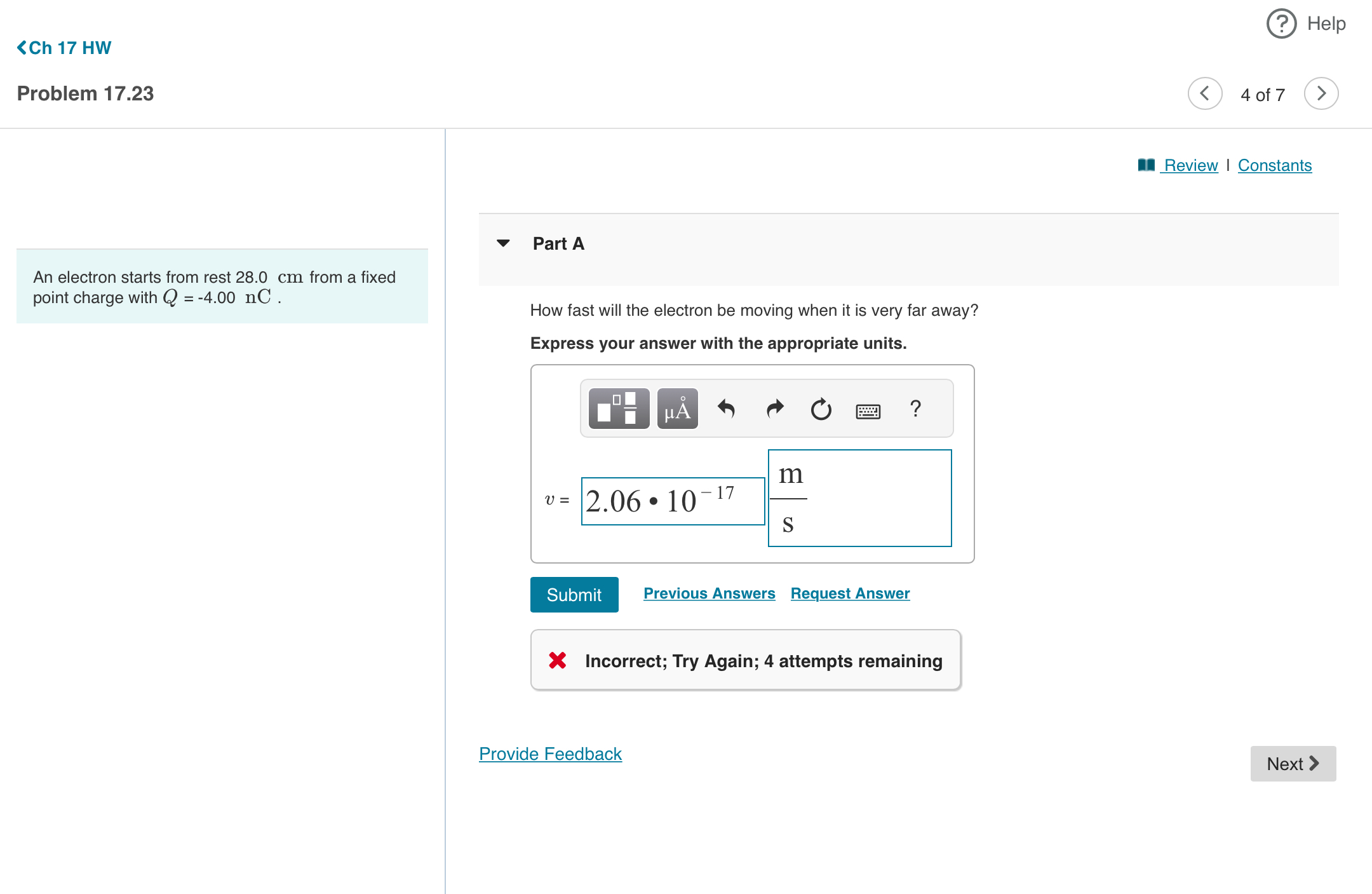 Solved An electron starts from rest 28.0cm ﻿from a | Chegg.com