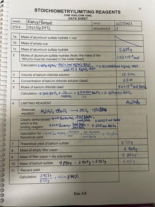 STOICHIOMETRY/LIMITING REAGENTS 33 CHM 1045LICHM | Chegg.com