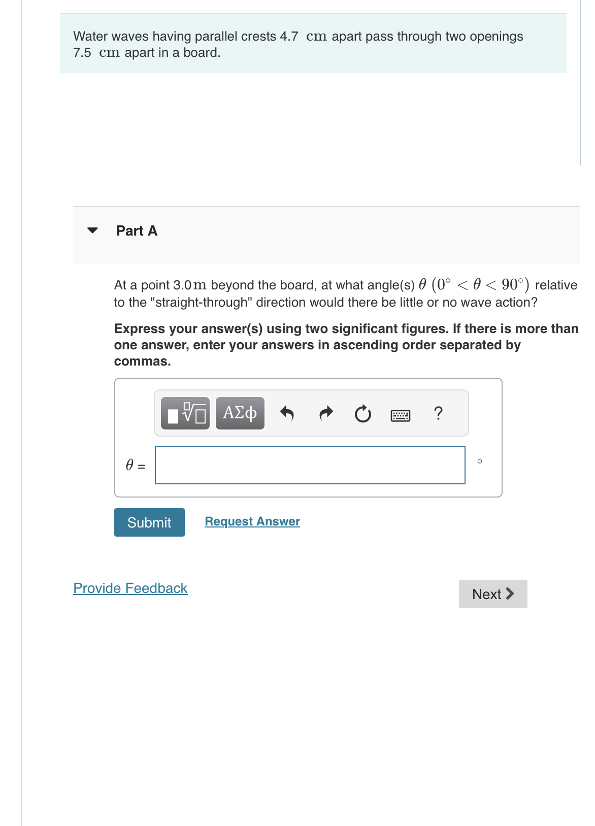 Solved Water waves having parallel crests 4.7cm ﻿apart pass | Chegg.com