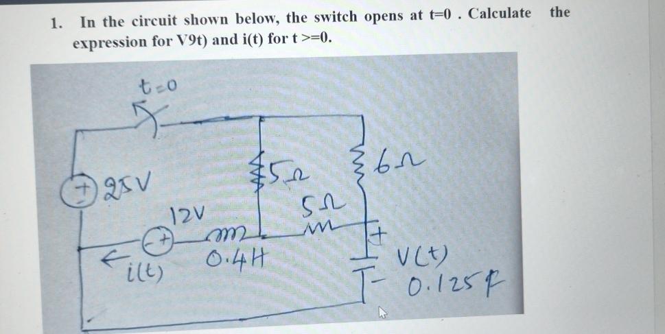Solved In the circuit shown below, the switch opens at t=0. | Chegg.com