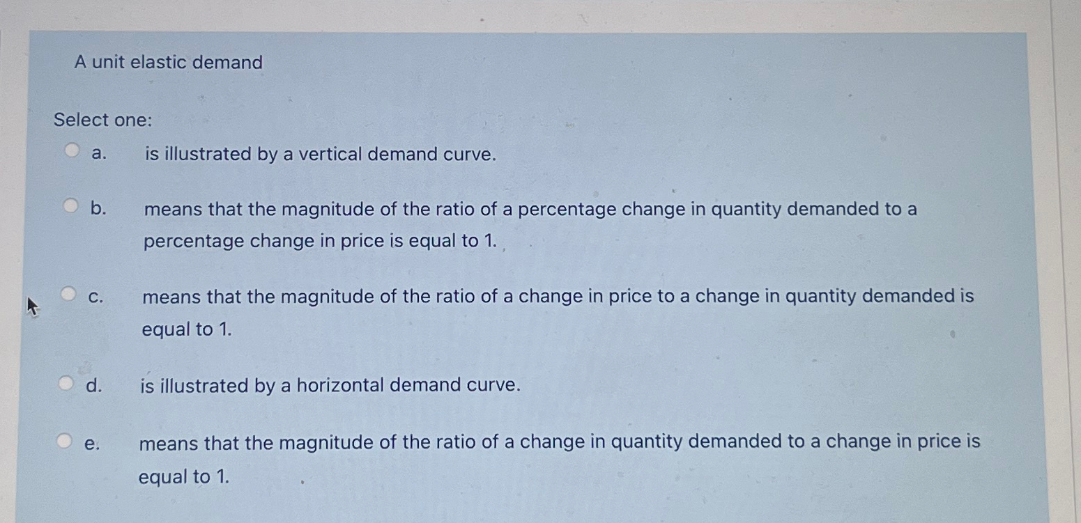 Solved A unit elastic demandSelect one:a. ﻿is illustrated by | Chegg.com