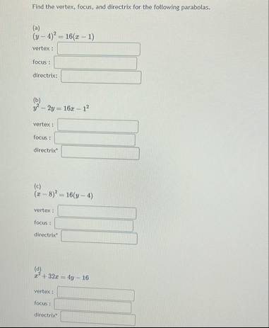 Solved Find the vertex, focus, and directrix for the | Chegg.com