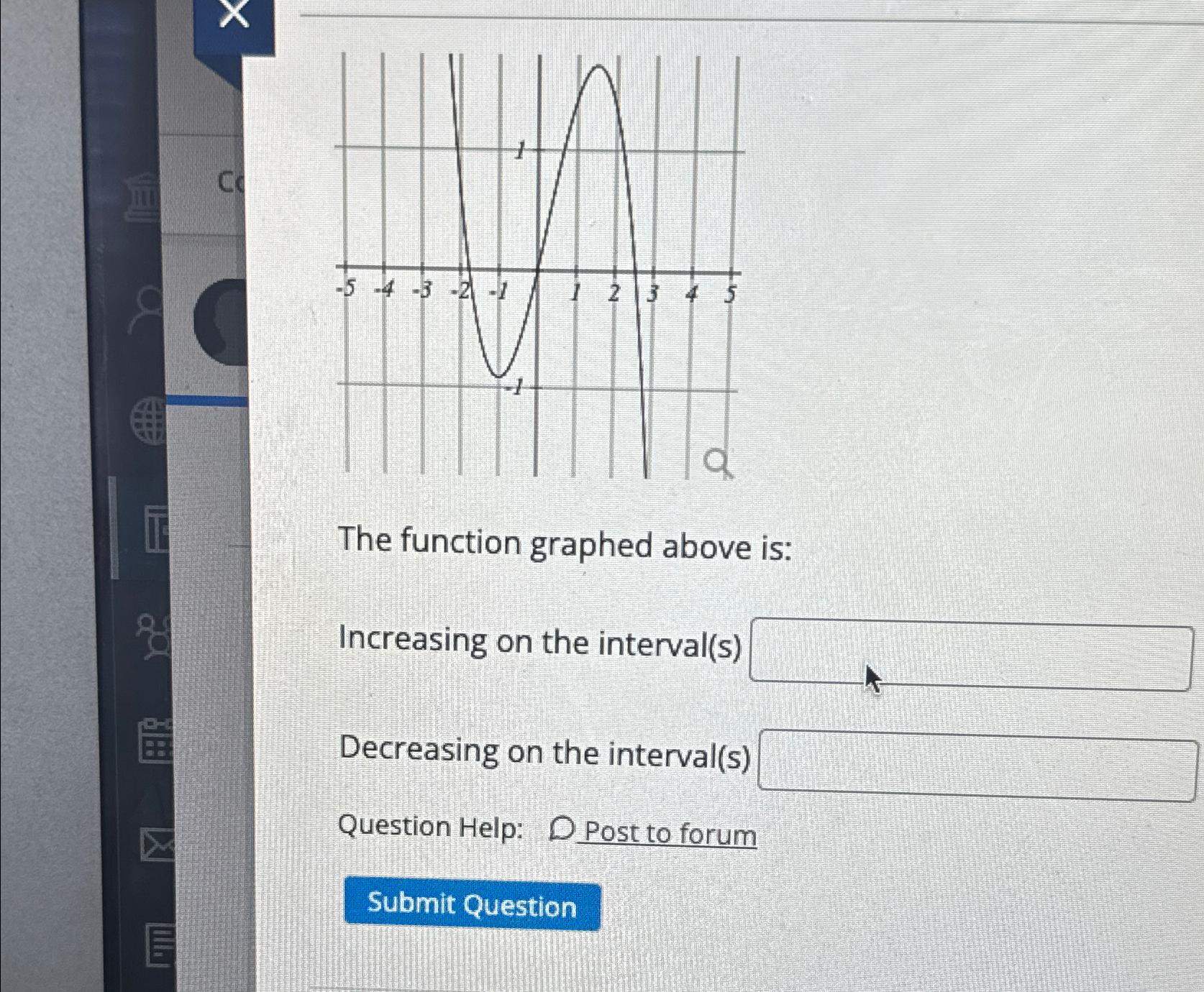 Solved The function graphed above is:Increasing on the | Chegg.com