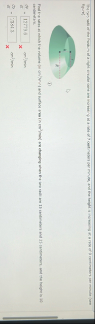 Solved The two radi of the frustum of a right circular cone | Chegg.com