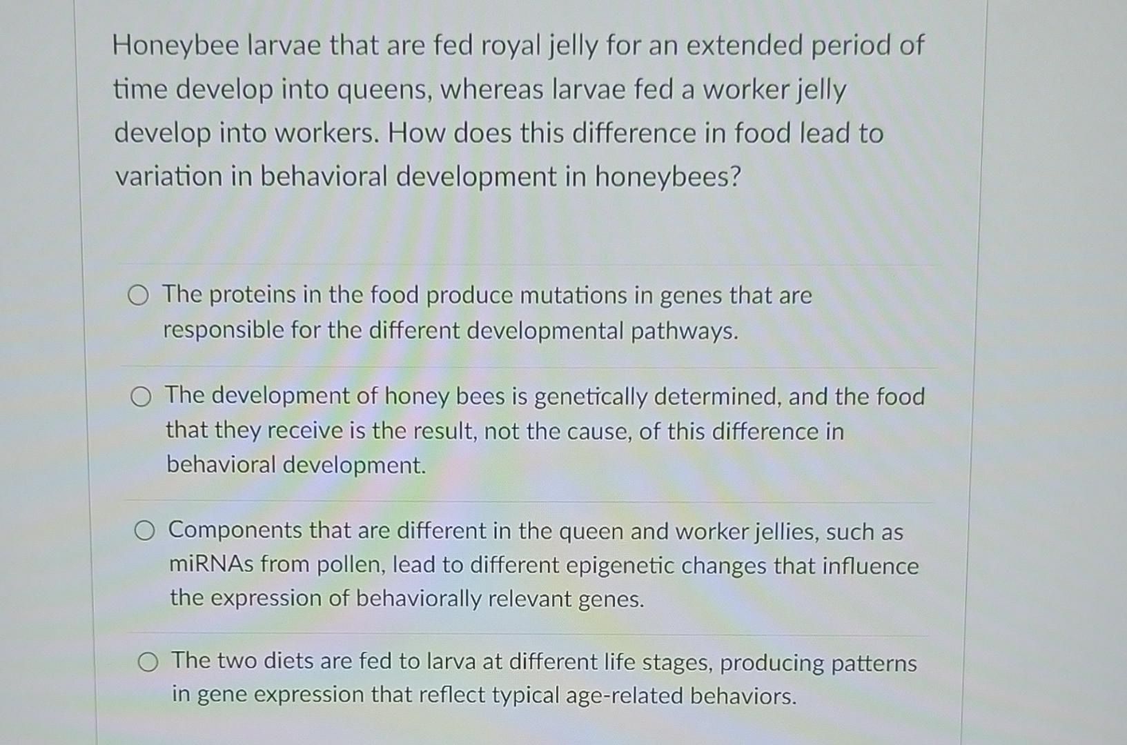 Solved Honeybee larvae that are fed royal jelly for an | Chegg.com