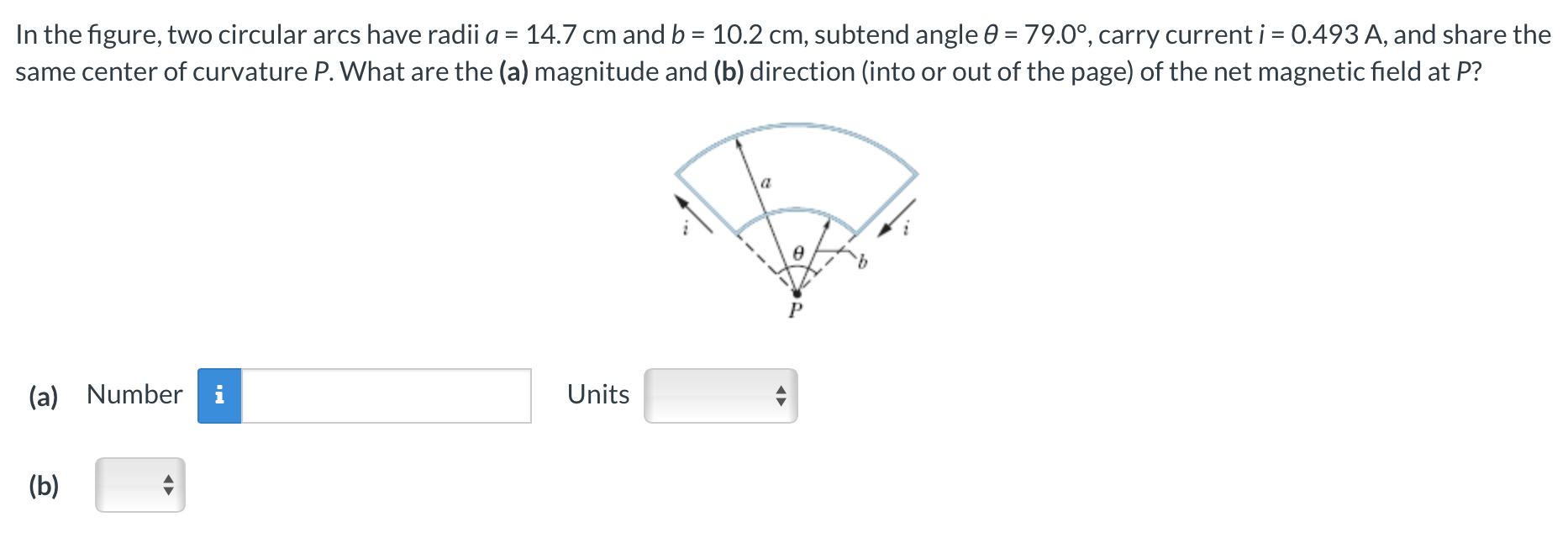 Solved In the figure, two circular arcs have radii a=14.7cm | Chegg.com