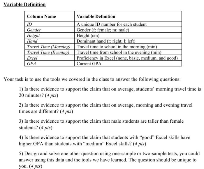 Variable Definition Column Name Variable Definition | Chegg.com