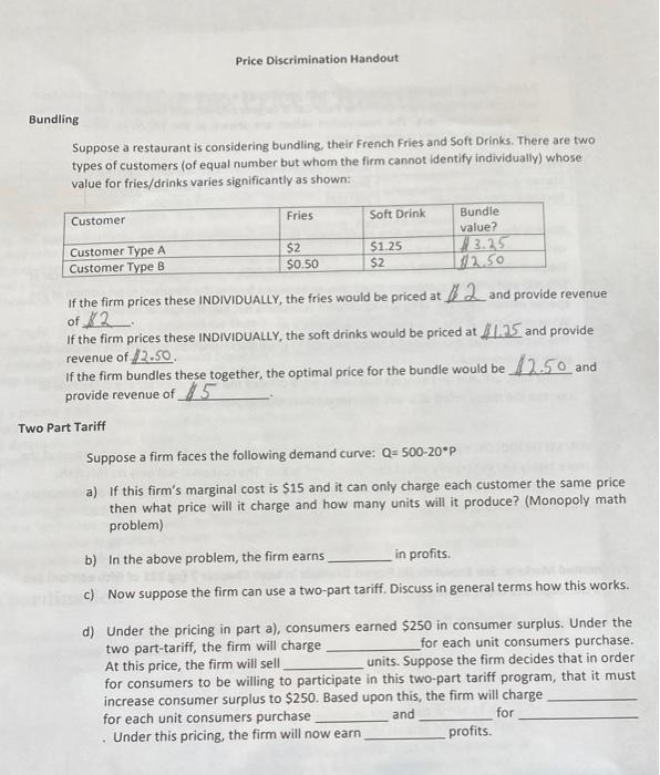 Solved Price Discrimination Handout Suppose a restaurant is | Chegg.com