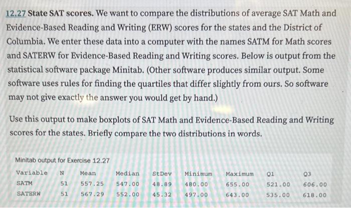 12.27 State SAT scores. We want to compare the | Chegg.com