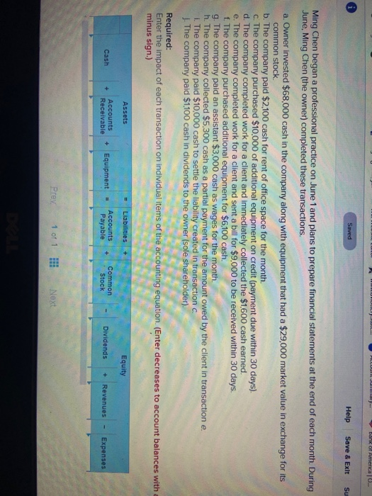 Solved A Bank of America Saved Help Save & Exit Su Ming Chen | Chegg.com