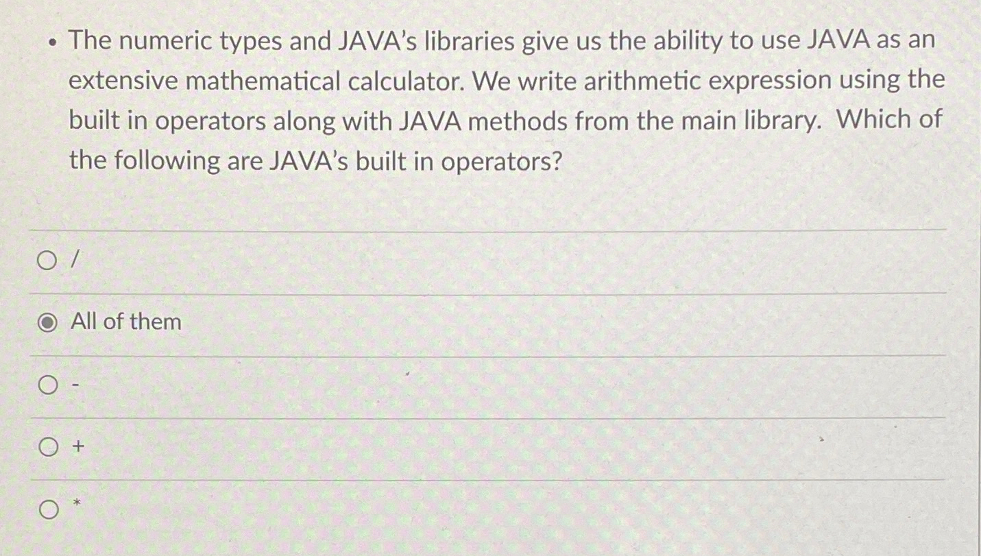 Solved The numeric types and JAVA's libraries give us the | Chegg.com