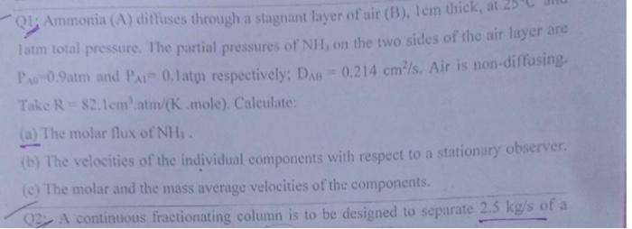 Solved Q1. Ammonia (A) diffuses through a stagnant layer of | Chegg.com