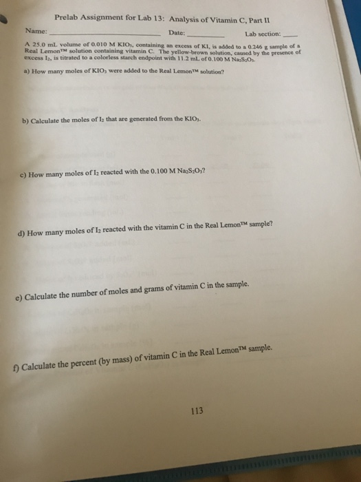 Solved Prelab Assignment for Lab 13: Analysis of Vitamin C, | Chegg.com