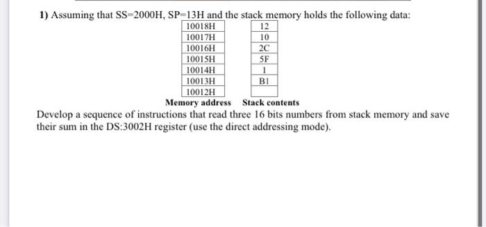 Solved 1) Assuming that SS=2000H,SP=13H and the stack memory | Chegg.com