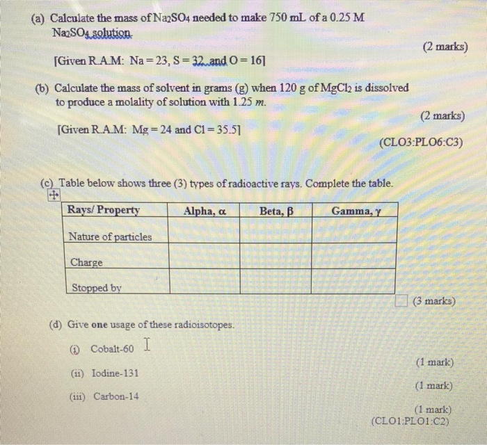 Solved (a) Calculate the mass of Na2SO4 needed to make 750 | Chegg.com
