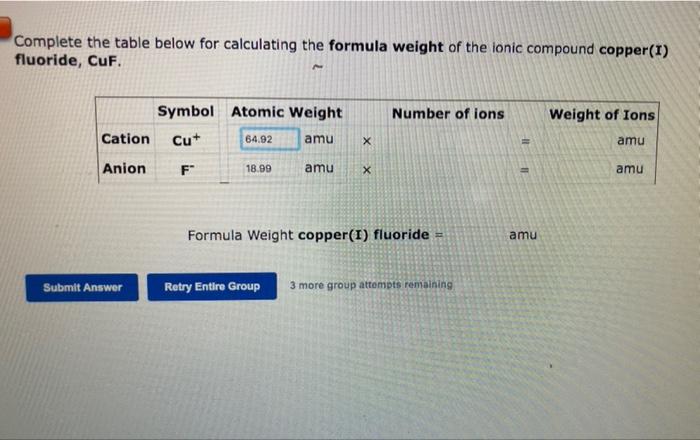 Solved Complete the table below for calculating the formula | Chegg.com