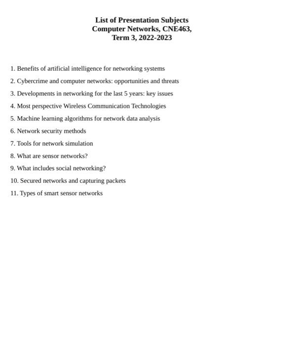 Solved List of Presentation Subjects Computer Networks, | Chegg.com