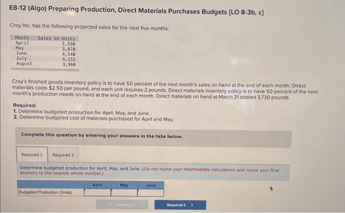 Solved E8-4 (Algo) Calculating Unknowns Based on Production, | Chegg.com