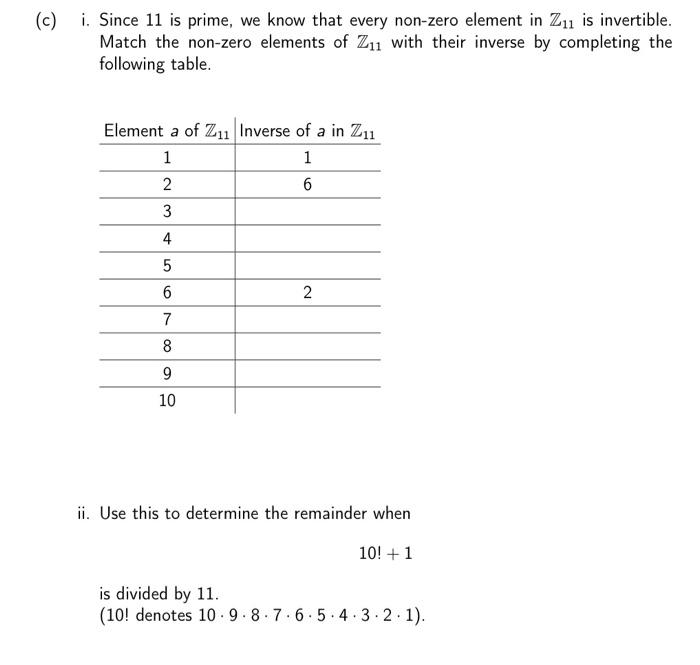 Solved c) i. Since 11 is prime, we know that every non-zero | Chegg.com