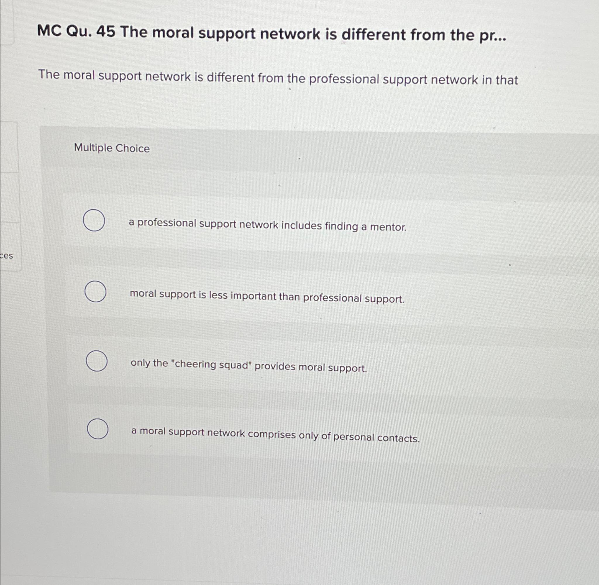 Solved MC Qu. 45 ﻿The moral support network is different | Chegg.com