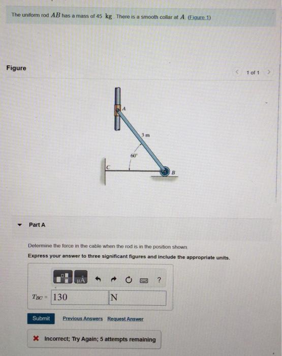 Solved The uniform rod AB has a mass of 45 kg. There is a | Chegg.com