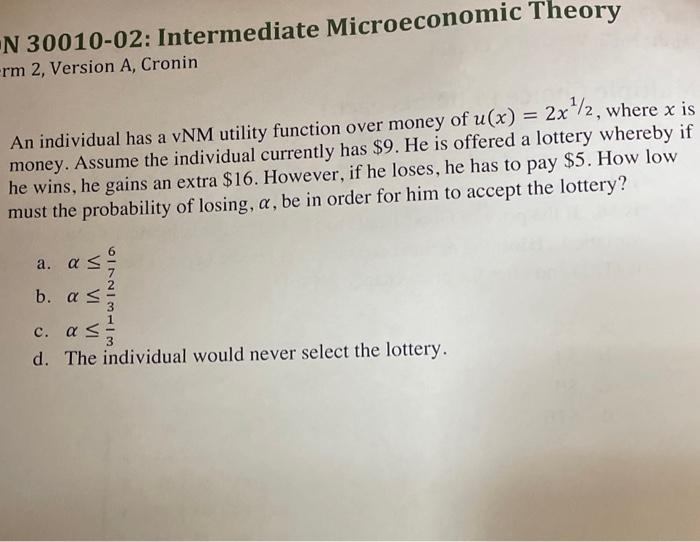 Solved N 30010-02: Intermediate Microeconomic Theory rm 2, | Chegg.com
