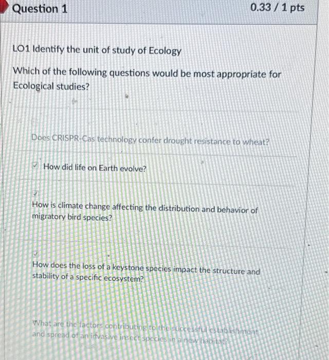LO1 Identify the unit of study of Ecology Which of | Chegg.com