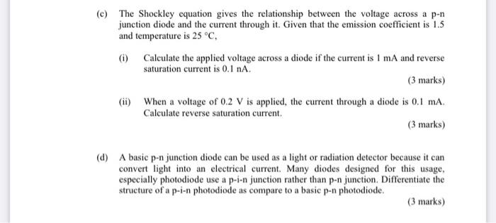 Solved (e) The Shockley equation gives the relationship | Chegg.com