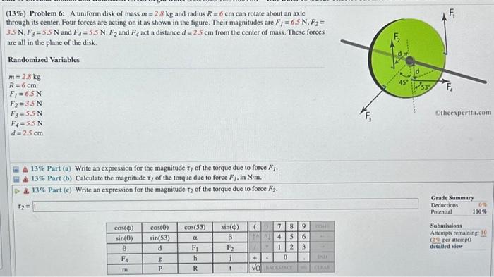 Solved (13\%) P'roblem 6: A uniform disk of mass m=2.8 kg | Chegg.com