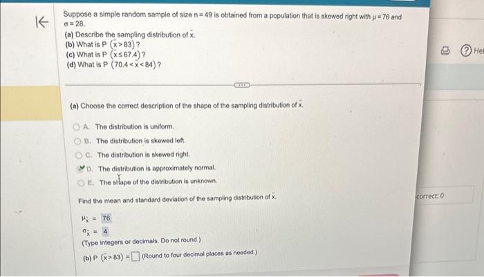 Solved Suppose a simple random sample of size n=49 is | Chegg.com