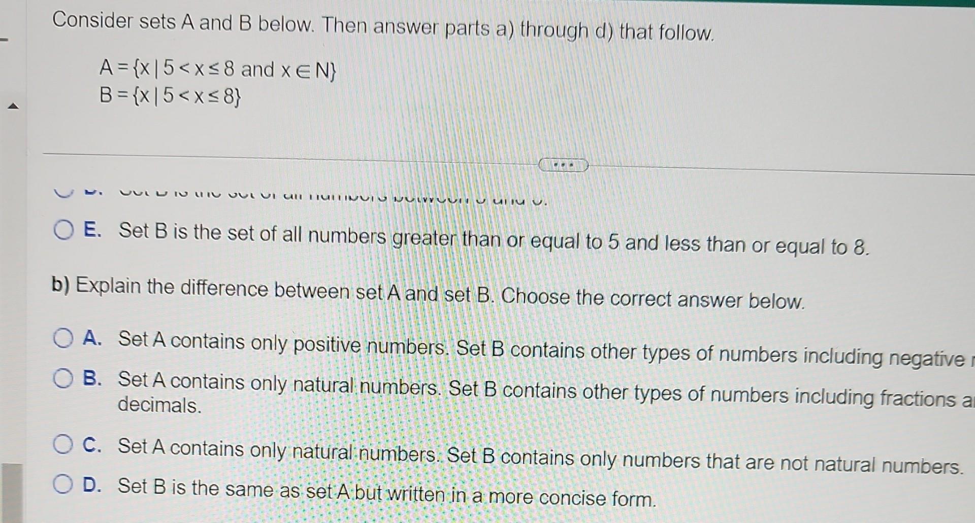 Solved Consider sets A and B below. Then answer parts a) | Chegg.com