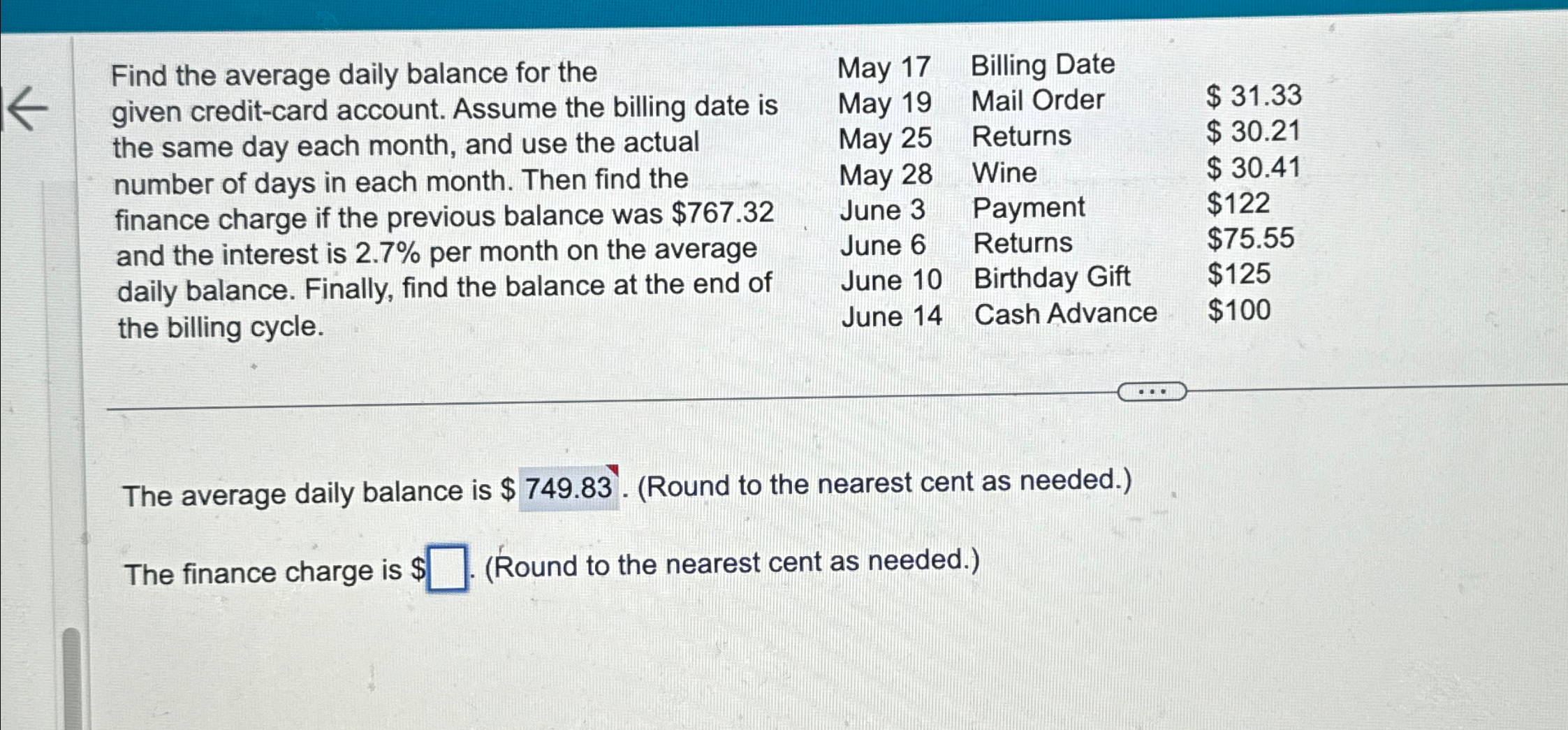 Solved Find the average daily balance for the given | Chegg.com
