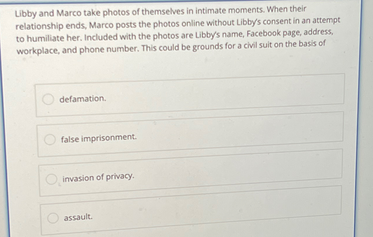 Solved Libby and Marco take photos of themselves in intimate | Chegg.com