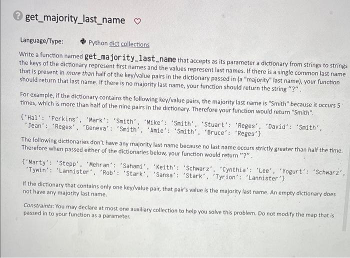 Solved Language/Type: 户ि Python dict collections Write a | Chegg.com