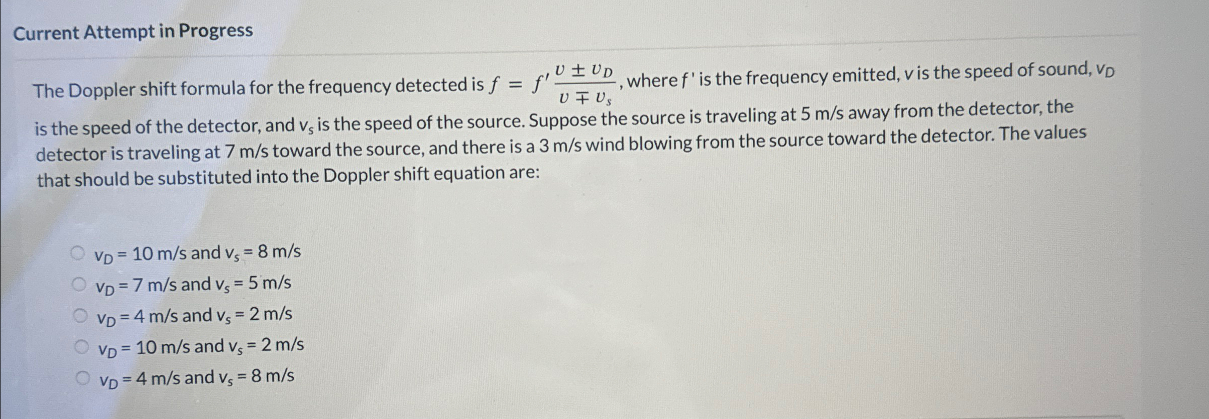 Solved Current Attempt in ProgressThe Doppler shift formula | Chegg.com