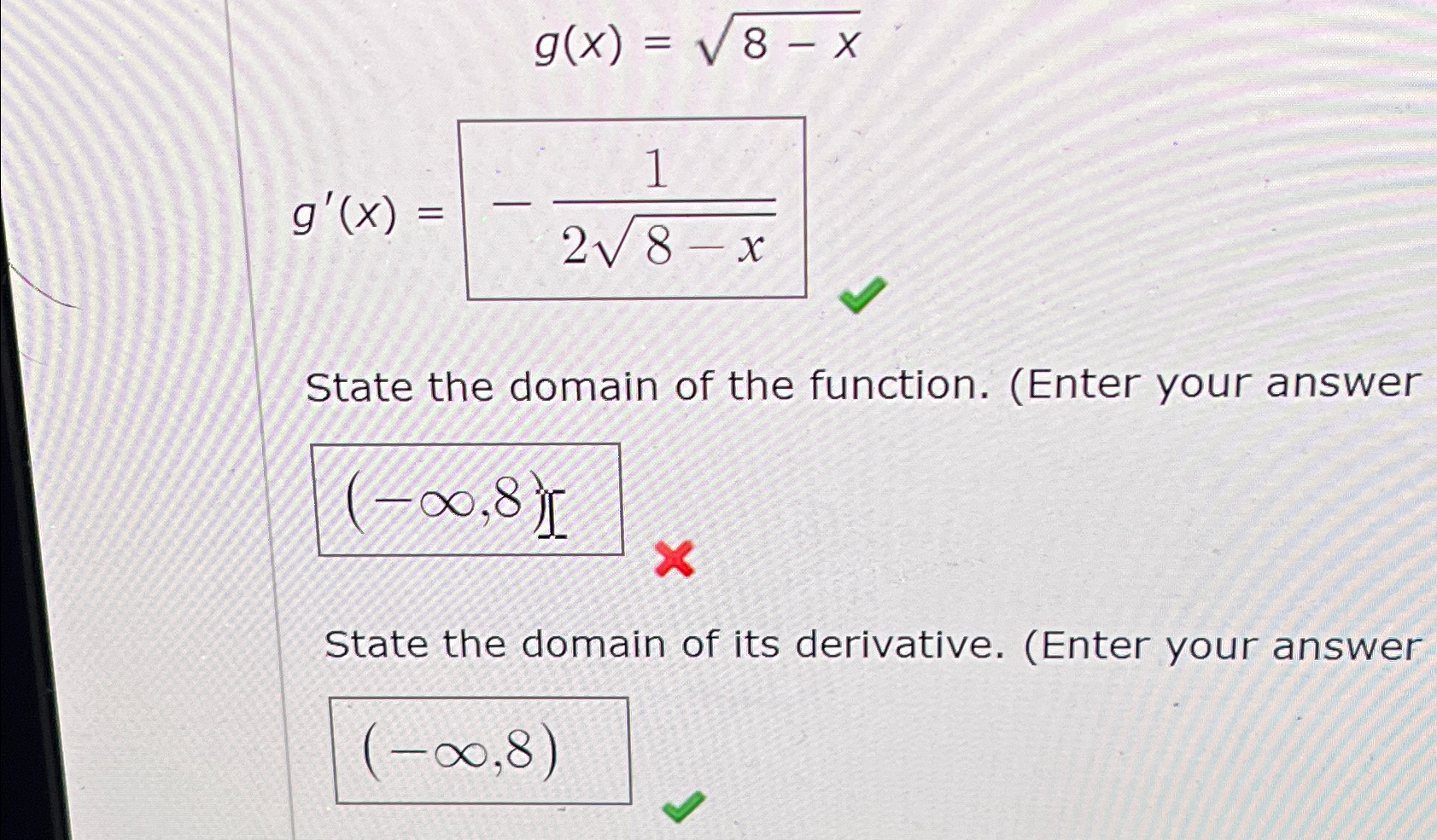 Solved g(x)=8-x2g'(x)=State the domain of the function. | Chegg.com