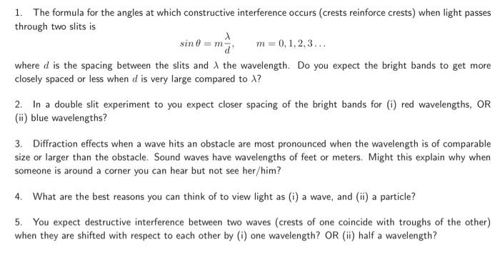 Solved 1. The formula for the angles at which constructive | Chegg.com