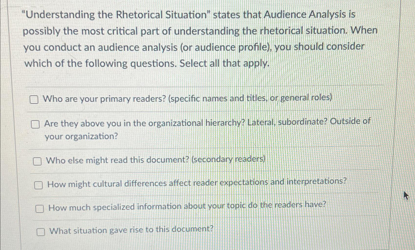 Solved "Understanding the Rhetorical Situation" states that | Chegg.com