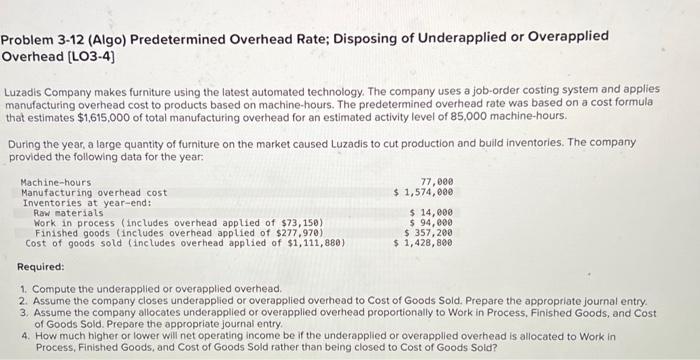 Solved Problem 3-12 (Algo) Predetermined Overhead Rate; | Chegg.com