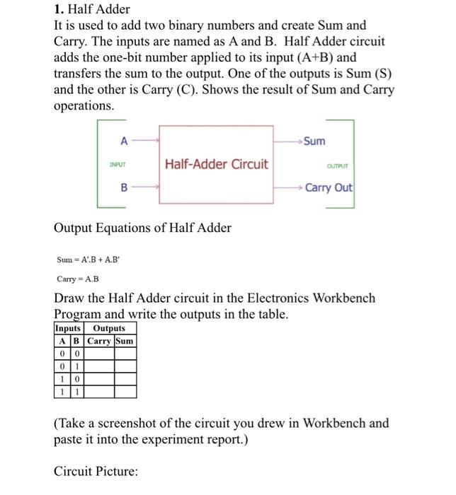 Solved 1. Half Adder It is used to add two binary numbers | Chegg.com