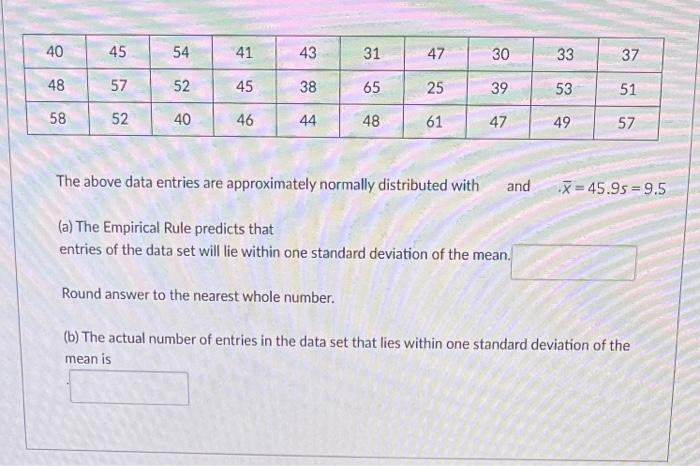 Solved The above data entries are approximately normally | Chegg.com