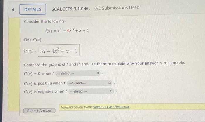 Consider the following. f(x)=x5−4x3+x−1 Find f′(x) | Chegg.com