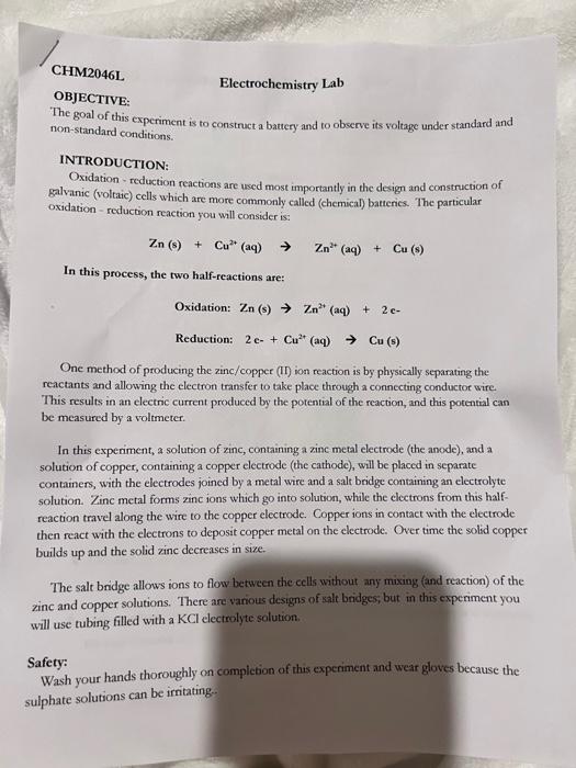 Solved CHM2046L Electrochemistry Lab OBJECTIVE: The goal of | Chegg.com