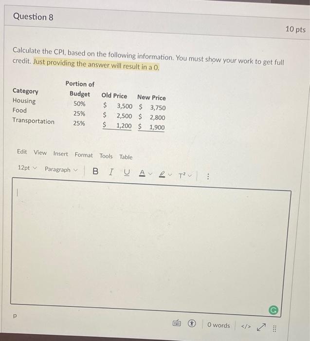 Solved Question 8 10 pts Calculate the CPI, based on the | Chegg.com