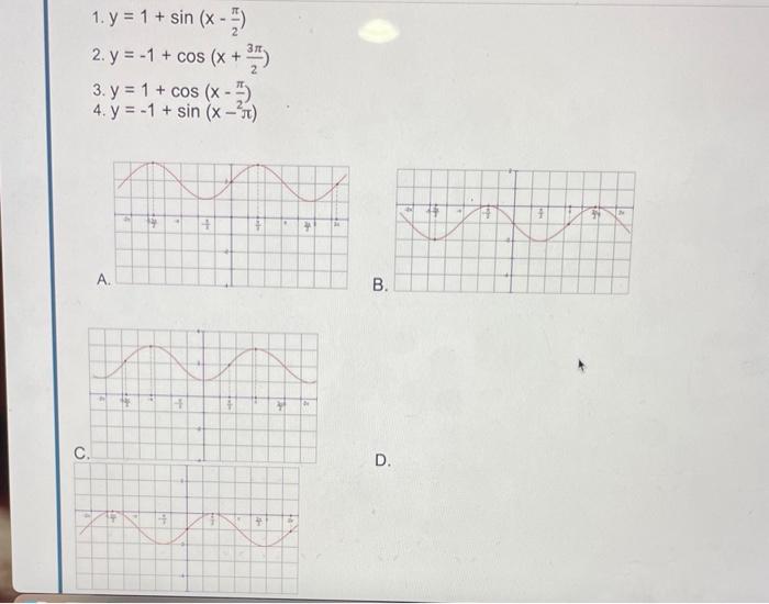 Solved y=1+sin(x−2π)y=−1+cos(x+23π)y=1+cos(x−2π)y=−1+sin(x−π | Chegg.com