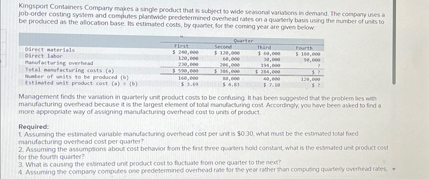 Solved Kingsport Containers Company makes a single product | Chegg.com